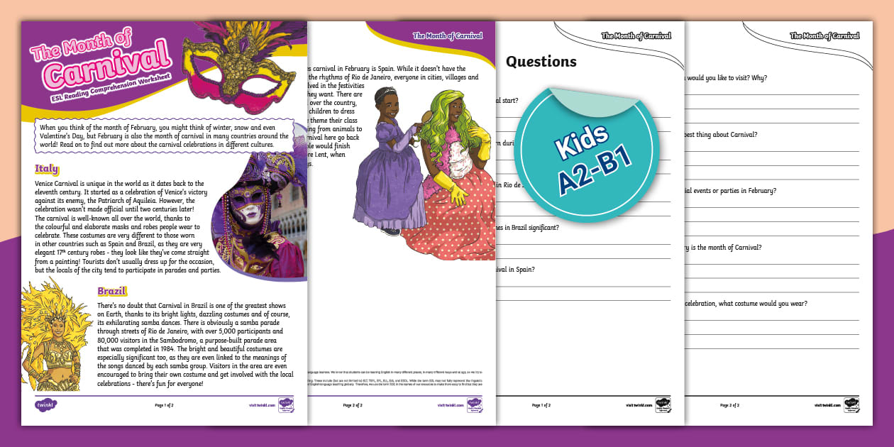 ESL The Month of Carnival Reading Comprehension Worksheet [Kids, A2-B1]