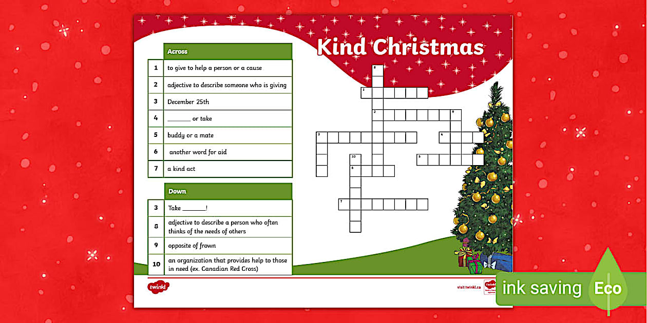 Kind Christmas Crossword Puzzle - Grades 4-6 (teacher made)