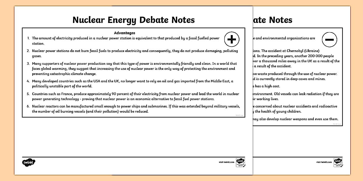 Nuclear Energy Debate Notes for Study - Twinkl