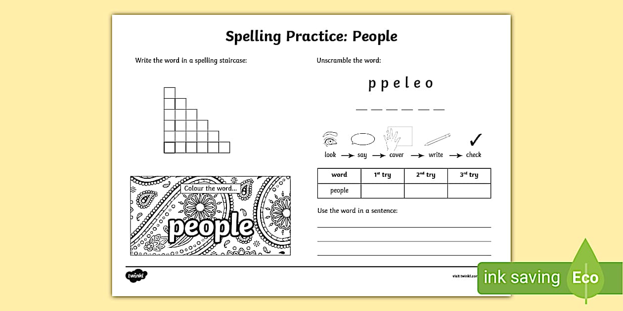 People Spelling Practice Worksheet (teacher made) - Twinkl