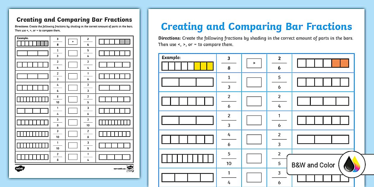 3rd Gr Creating and Comparing Bar Fractions Activity Sheet