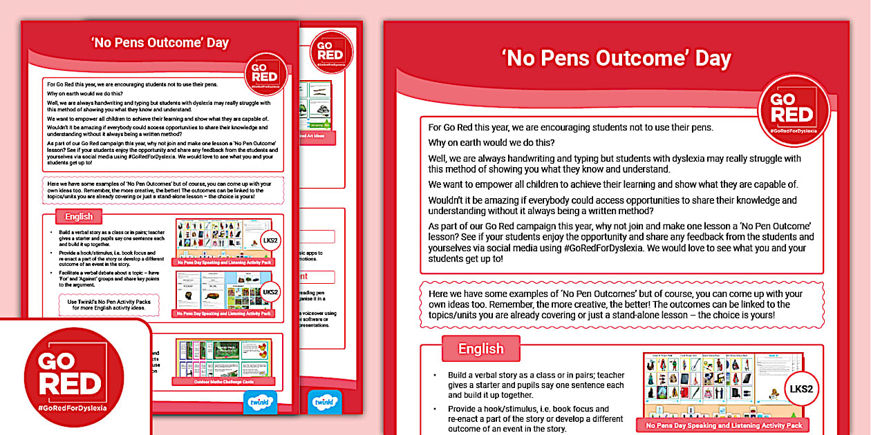 FREE! - No Pen Outcomes Day: Go Red for Dyslexia - Twinkl
