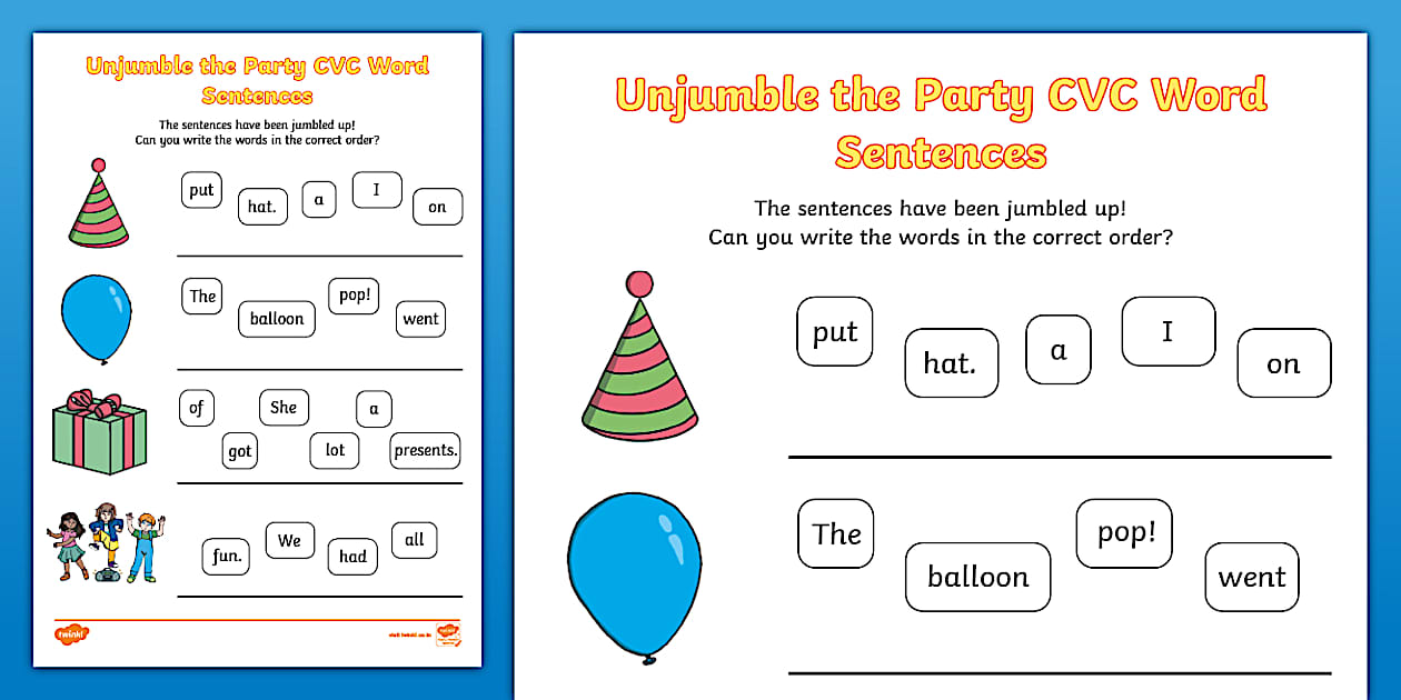Unjumble the Party CVC Word Sentences (teacher made)