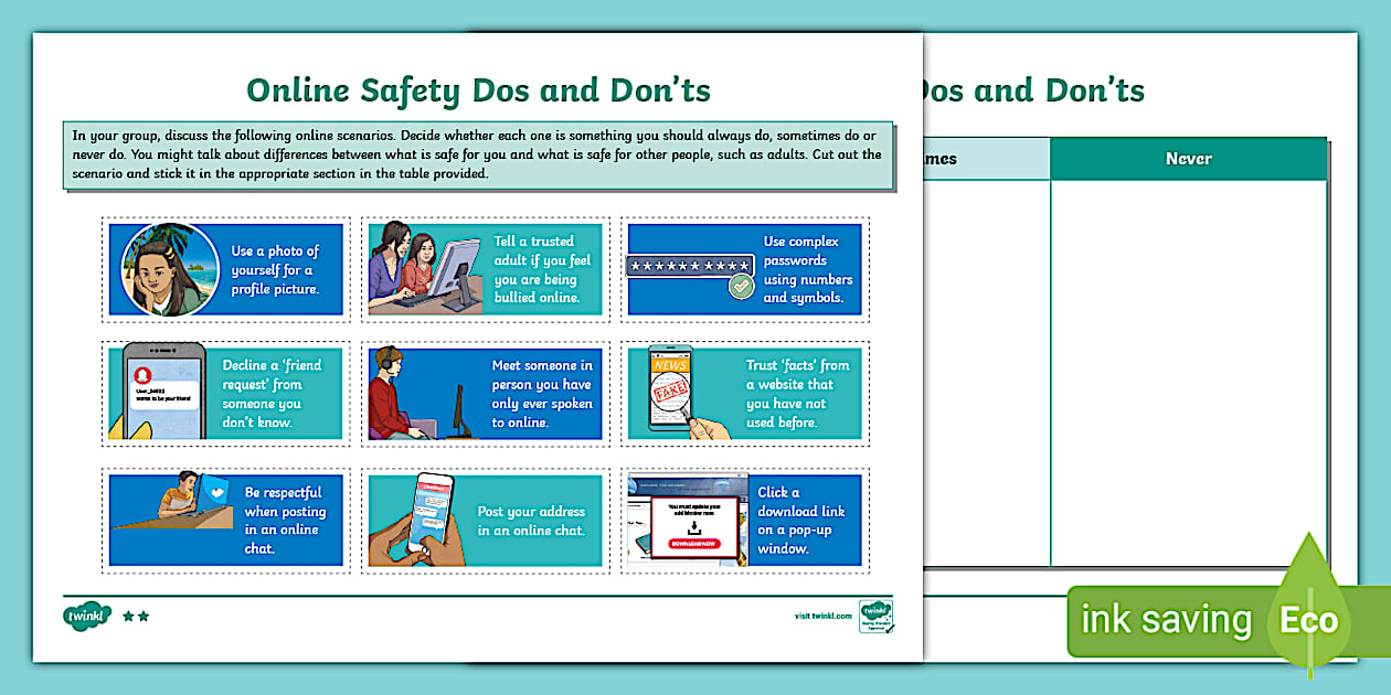 Online Safety Dos and Don'ts Internet Safety Worksheet