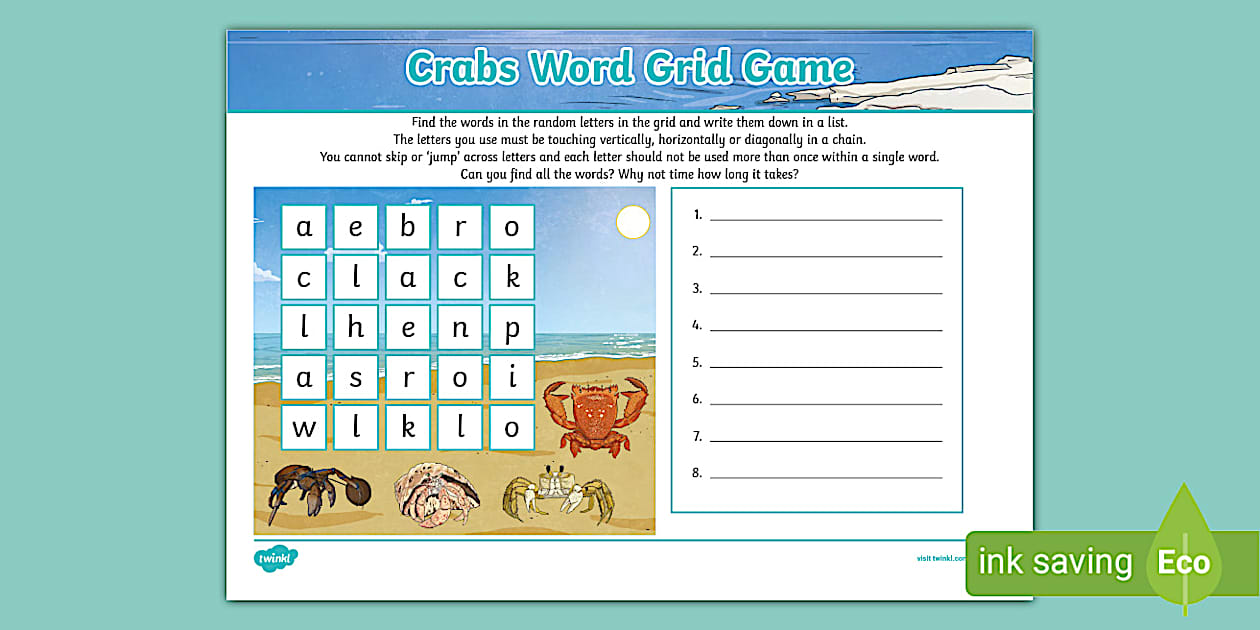 Crabs Word Grid Game (professor feito) - Twinkl