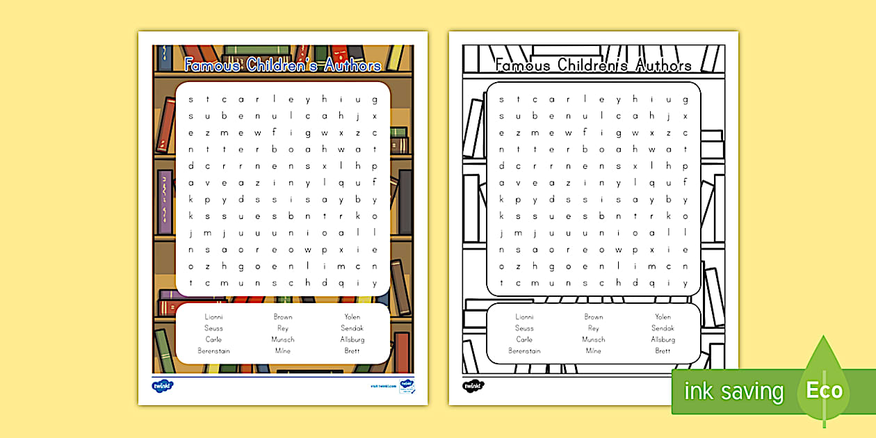 Famous Children's Authors Word Search for K-2nd Grade