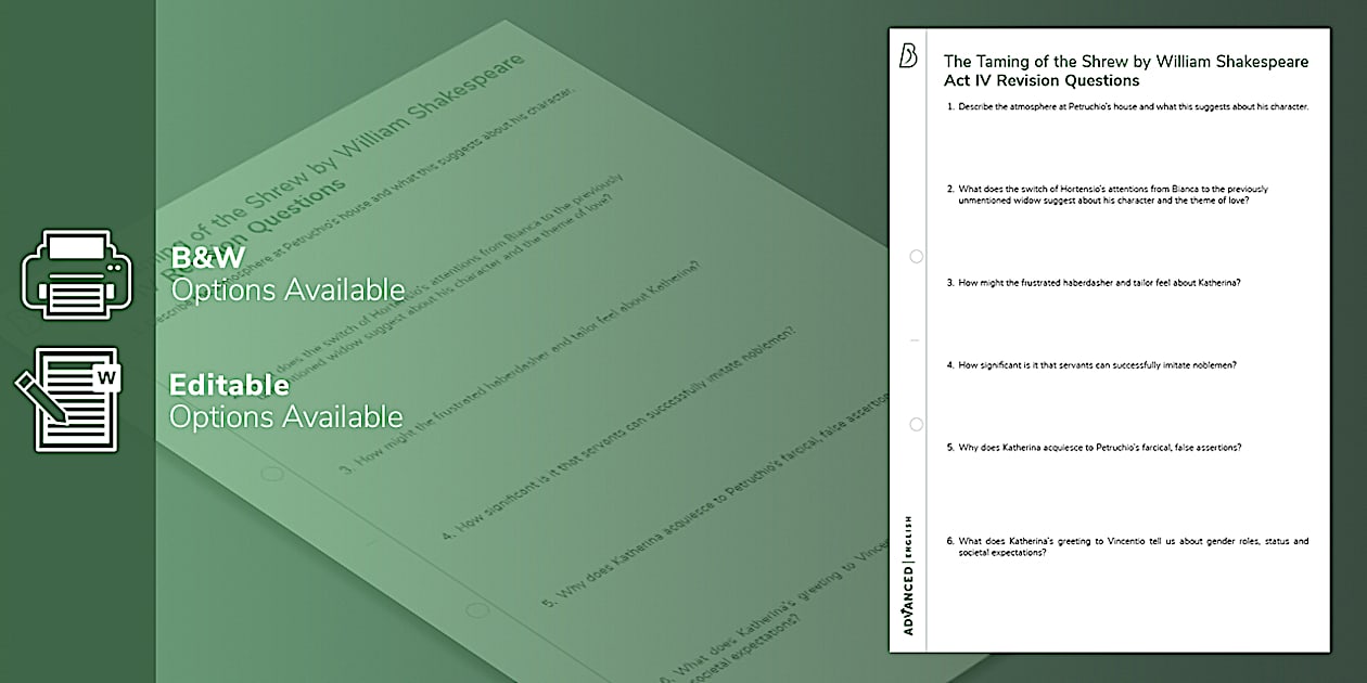 The Taming of the Shrew: Act IV Revision Questions - Twinkl