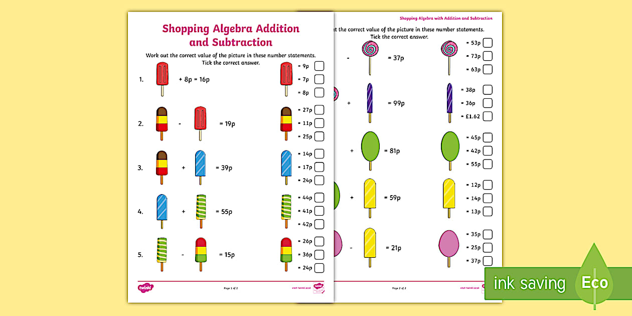Algebra Addition And Subtraction Worksheet Primary Resource