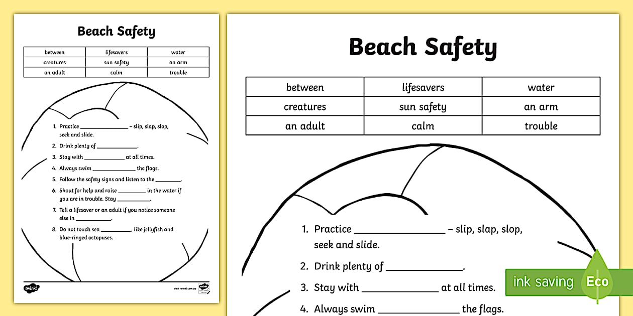 Beach Safety Cloze Worksheet (teacher made) - Twinkl