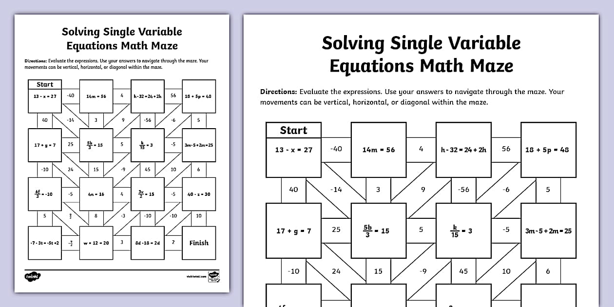 Sixth Grade Solving Single Variable Equations Math Maze