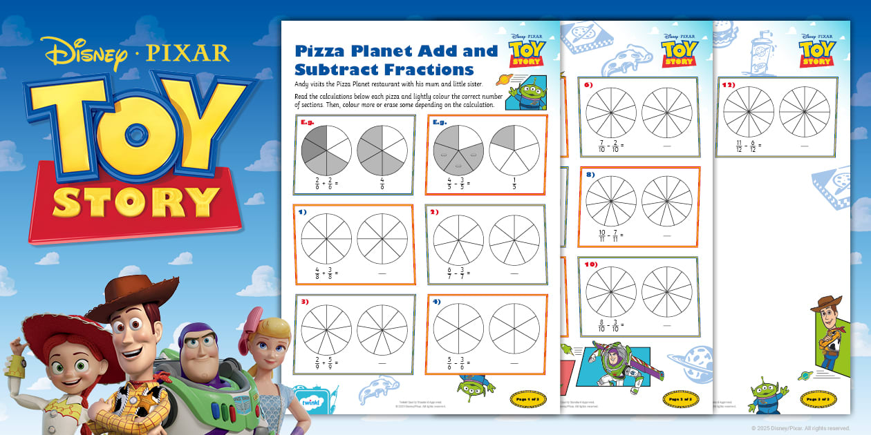 👉 Toy Story: Pizza Planet Add and Subtract Fractions Activity Sheet ...