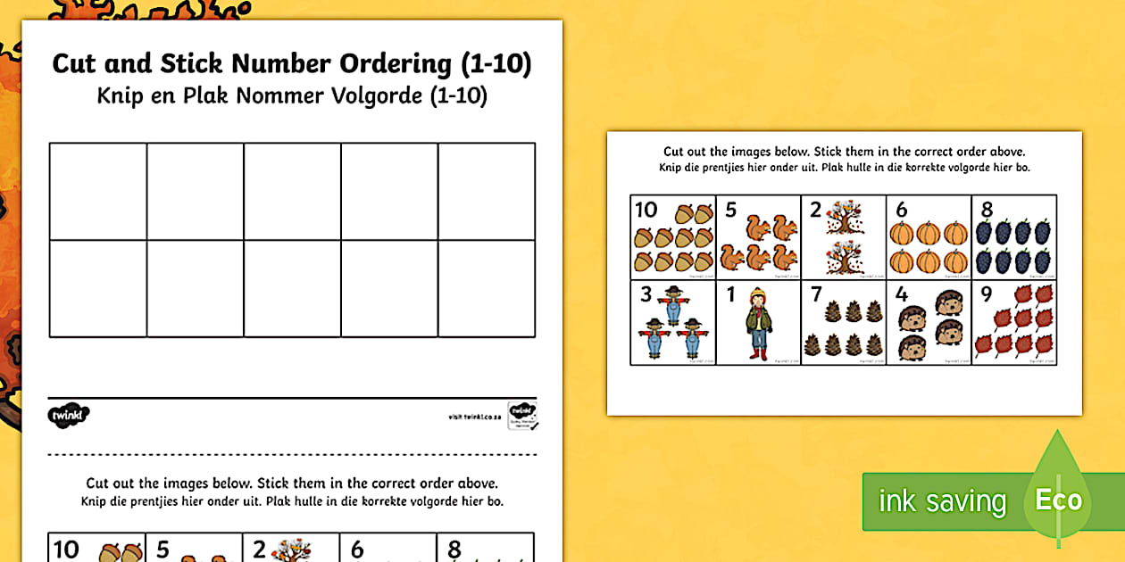 Black and White Autumn Themed Cut and Stick Number Ordering Sheets 1-10