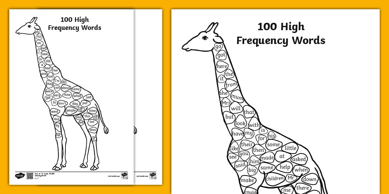 100 High Frequency Words Colouring Giraffe Worksheet