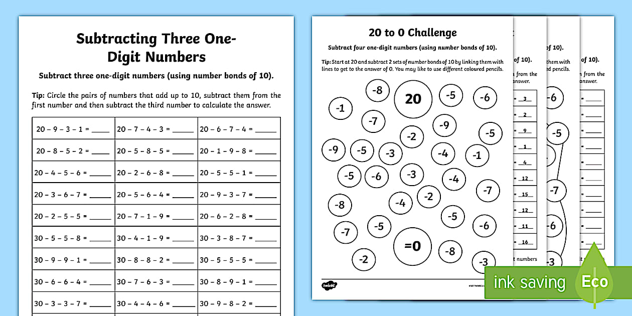 TAS Subtracting Three One Digit Numbers (Using Number Facts to 10 ...