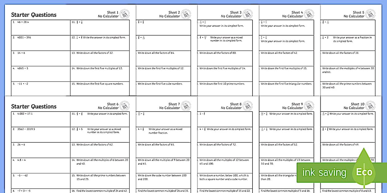KS3 Numeracy Starter Questions Pack (Silver) (teacher made)