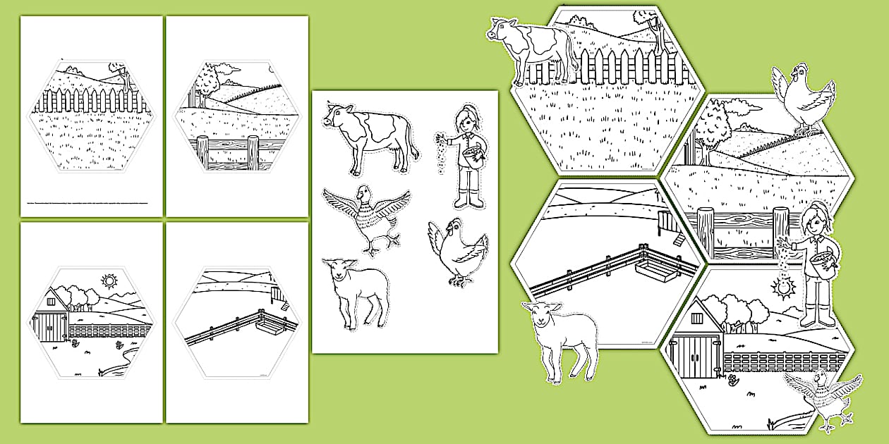 Farm Animals Hexagon Display Colouring Activity - Twinkl