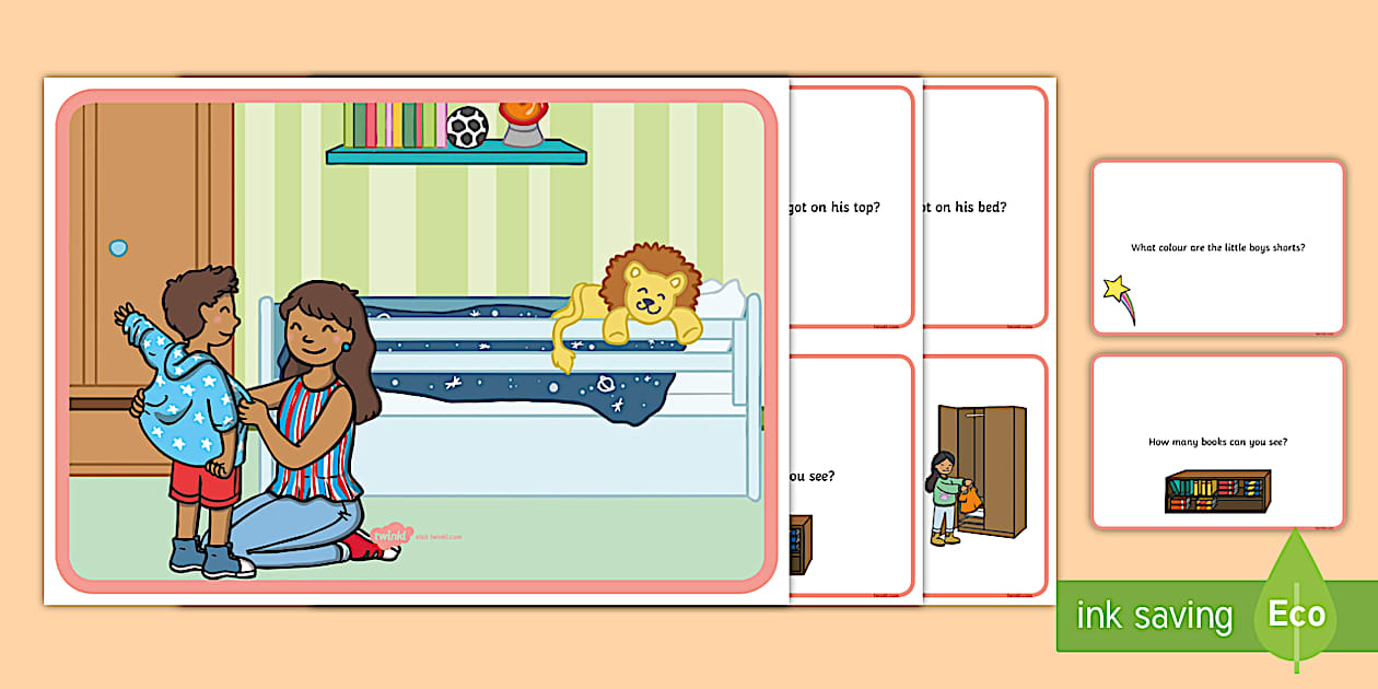 Bedroom Scene and Question Cards (teacher made) - Twinkl