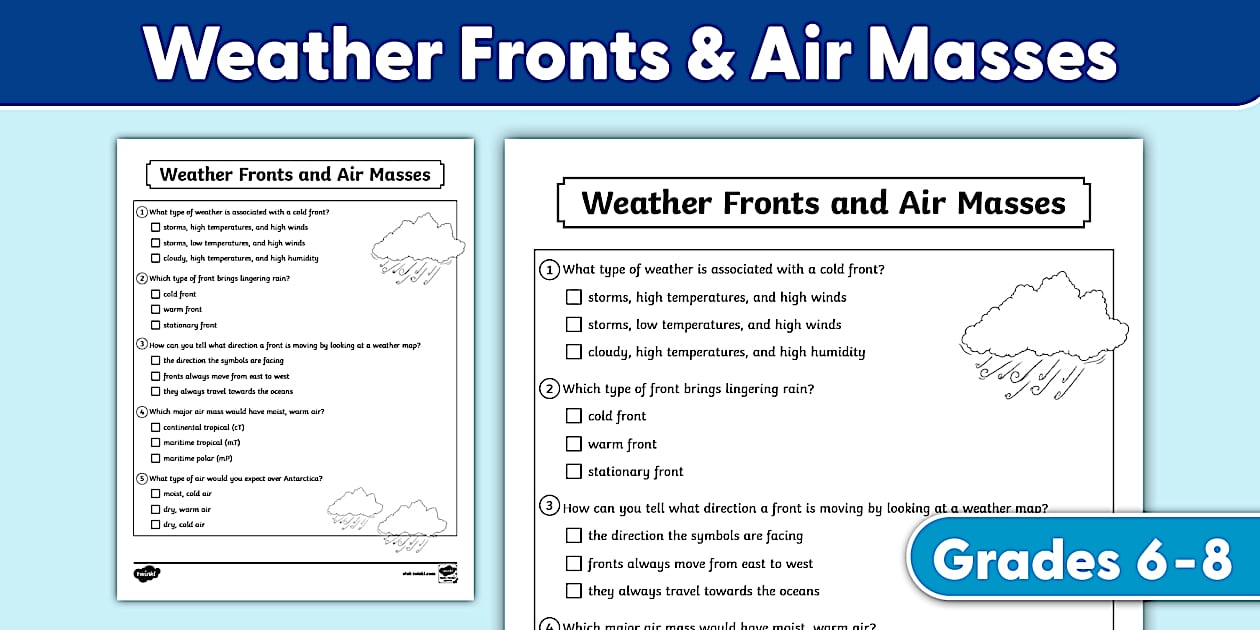 Weather Fronts and Air Masses Quick Quiz for 6th-8th Grade