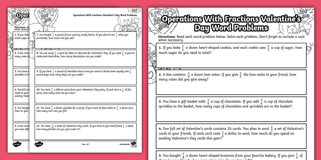 Sixth Grade Operations With Fractions Valentine’s Day Word Problems