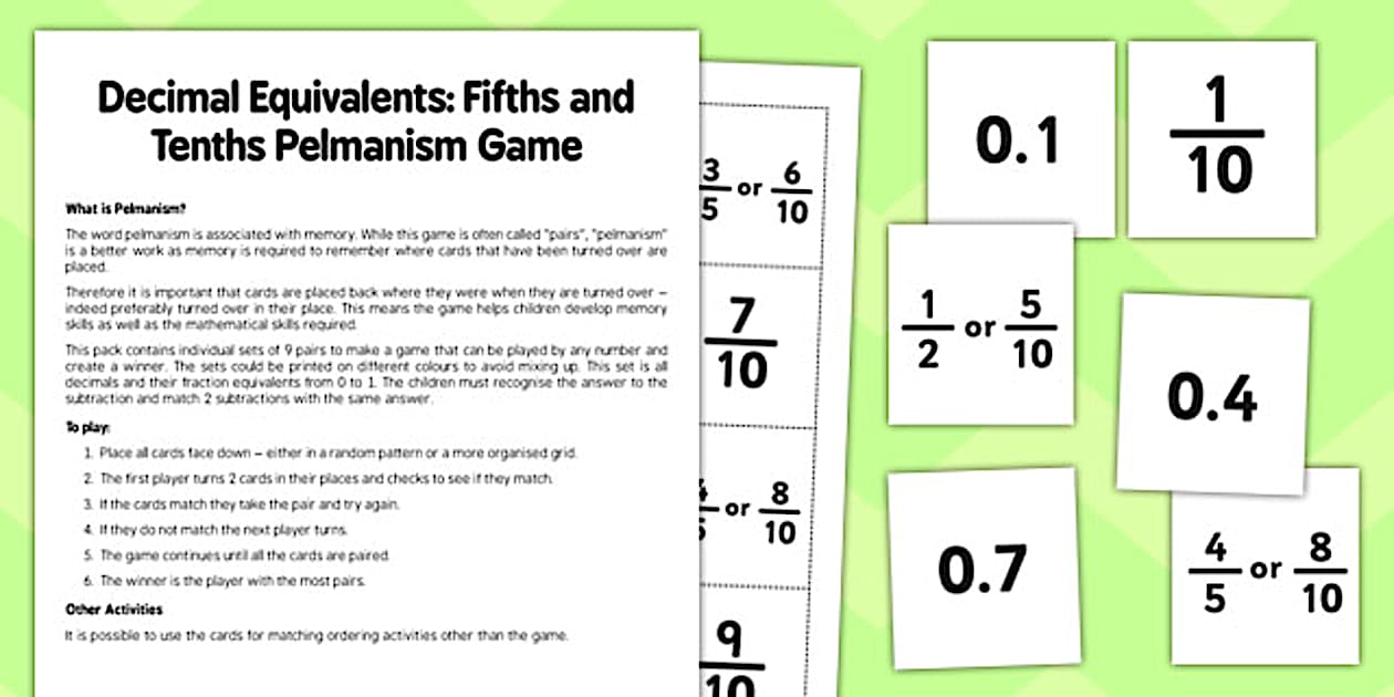 Year 6 Decimal Equivalents Fifths and Tenths Pelmanism Game