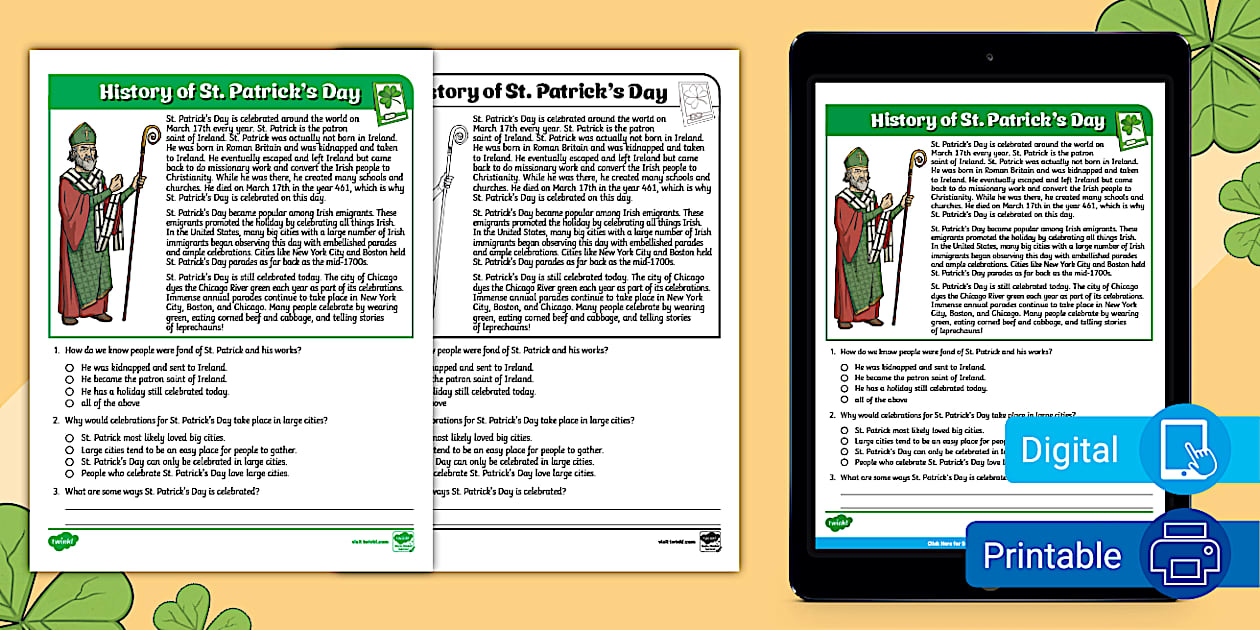 St Patrick's Day Reading Comprehension Worksheet | Twinkl USA