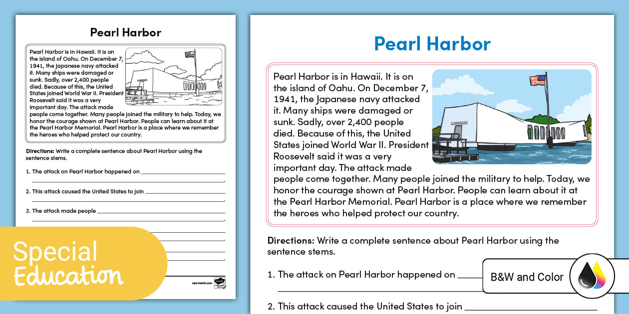 Pearl Harbor Day Writing Worksheet With Sentence Stems SPED