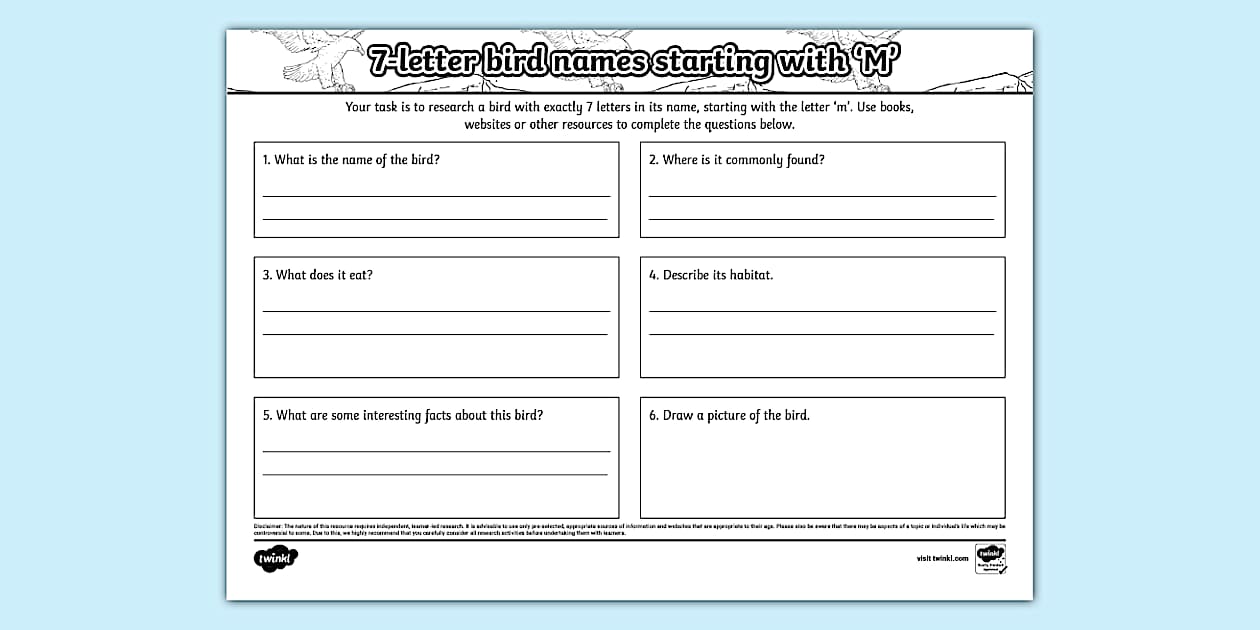 7 Letter Bird Names Starting with 'M' Activity - Twinkl