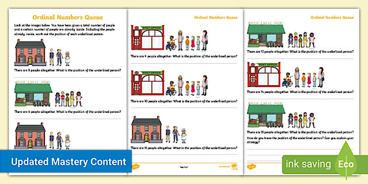 Black and White Ordinal Numbers Queue Worksheet - Twinkl