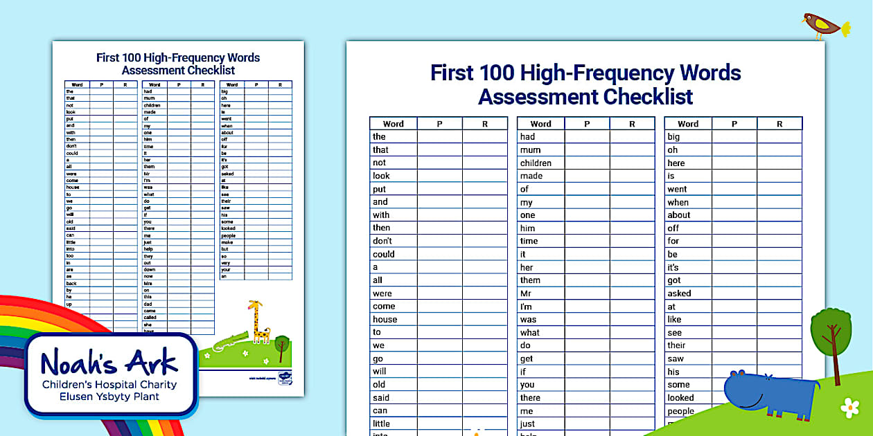 First 100 High-Frequency Words Assessment Checklist