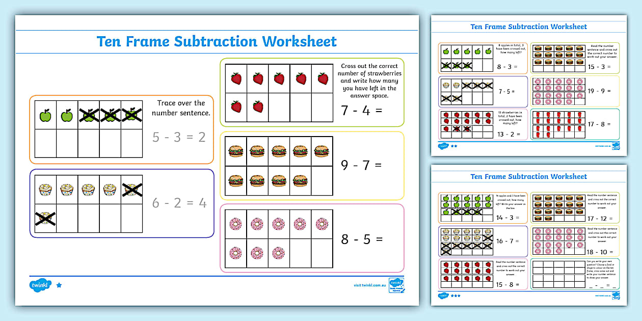 10 Frame Subtraction Worksheet (teacher made) - Twinkl