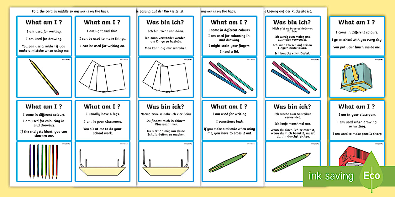 What Am I? School Objects Guessing Game Cards English/German