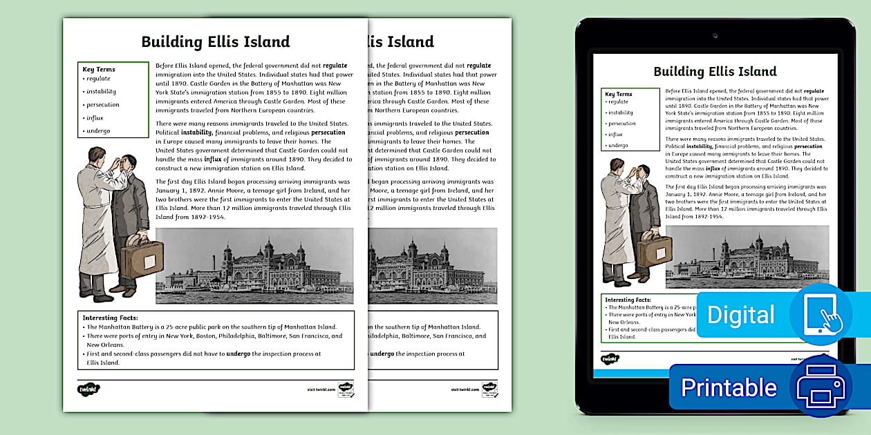 Sixth Grade Ellis Island Fact File and Vocabulary Questions