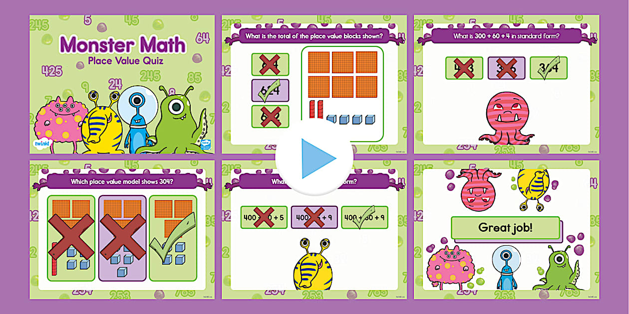 Monster Math Place Value PowerPoint Quiz - Twinkl