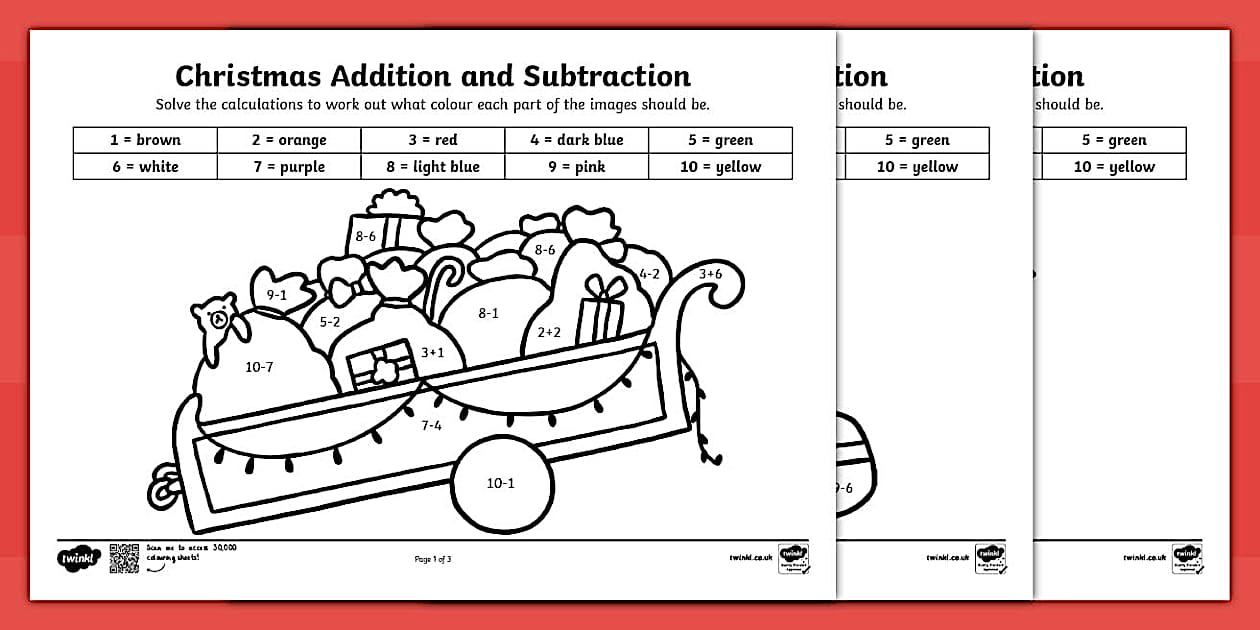 Christmas Addition and Subtraction to 10 Color by Number