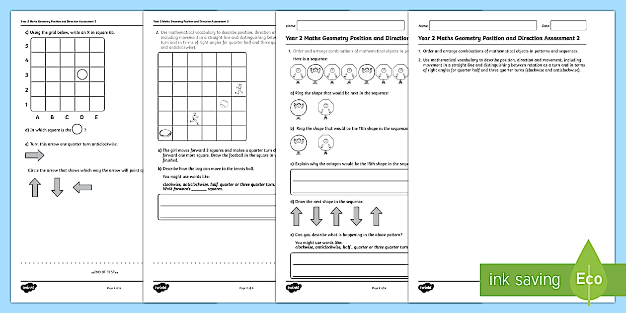 Year 2 Maths Geometry Position and Direction Assessment 2