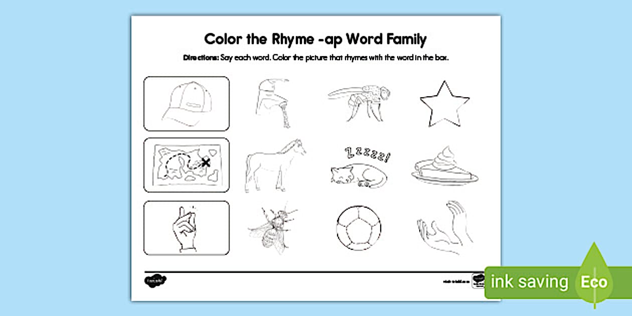 Color the Rhyme -ap Word Family Worksheets (teacher made)