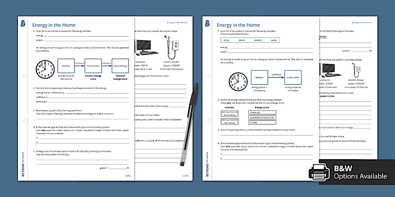 KS3 Energy in the Home Homework Worksheet / Worksheet