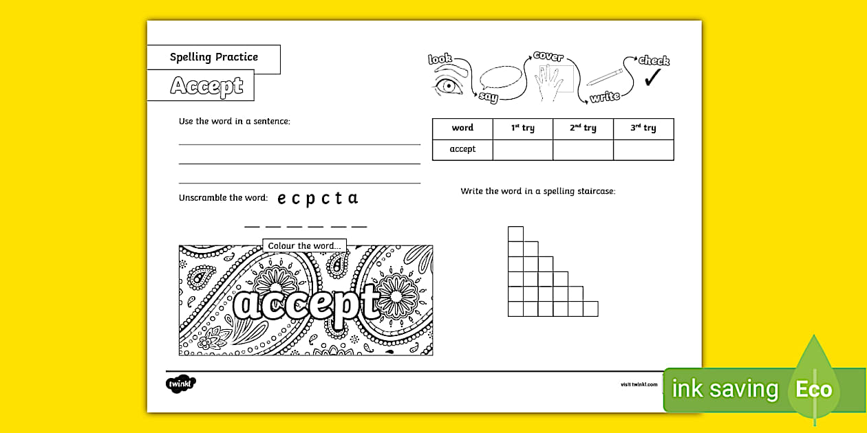 Accept Spelling Practice Worksheet (teacher made) - Twinkl