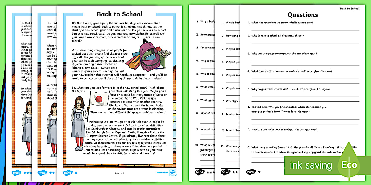 Back to School Reading Worksheets | Reading Comprehension