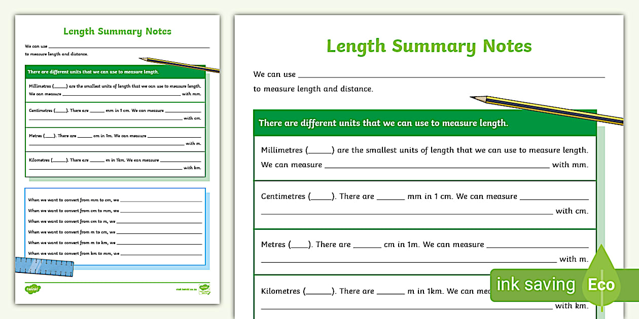Length Summary Notes Activity Sheet (teacher made) - Twinkl