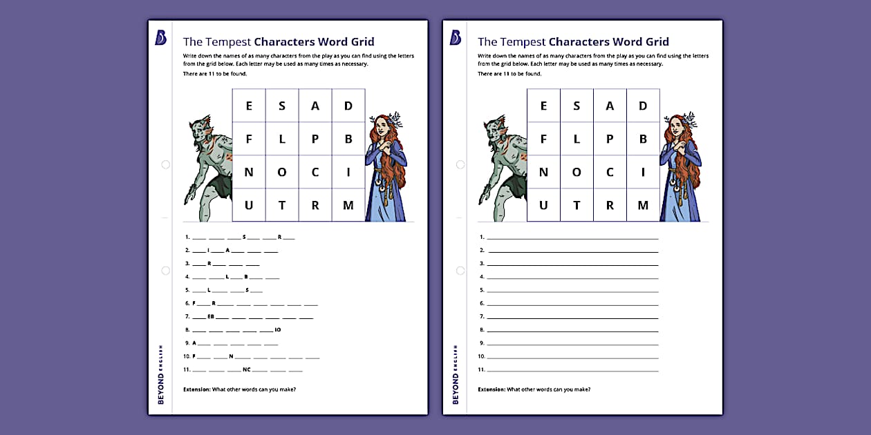 The Tempest Characters Word Grid Game (teacher made)
