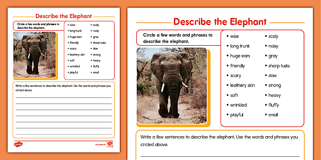 Describe an Elephant Writing Worksheet | Twinkl USA - Twinkl