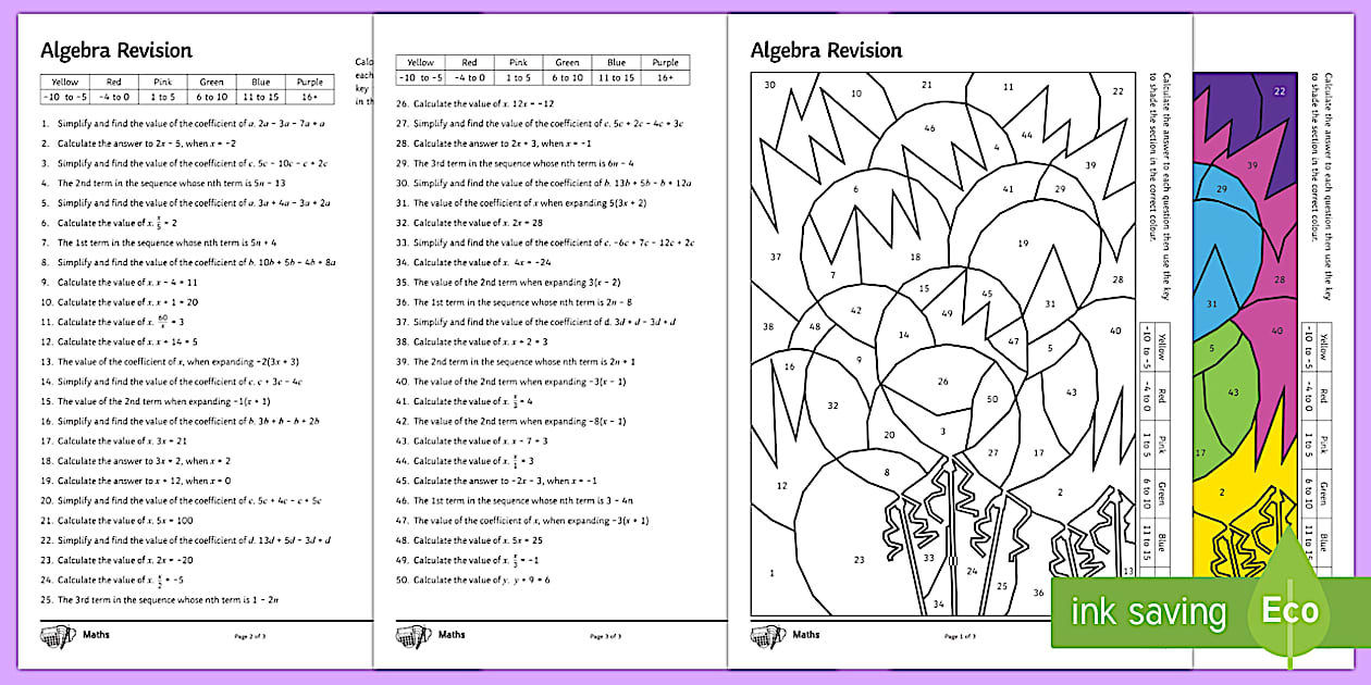 Algebra Revision Sheets - Colour by Number | KS4 Maths