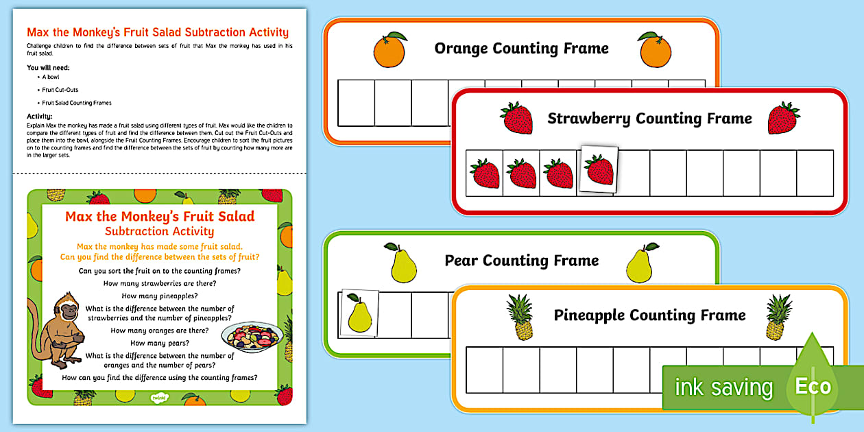 Monkey's Fruit Salad Subtraction Activity (teacher made)