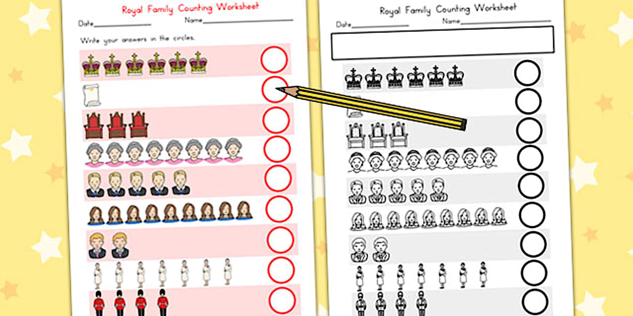 Black and White Royal Family Counting Worksheet - Twinkl