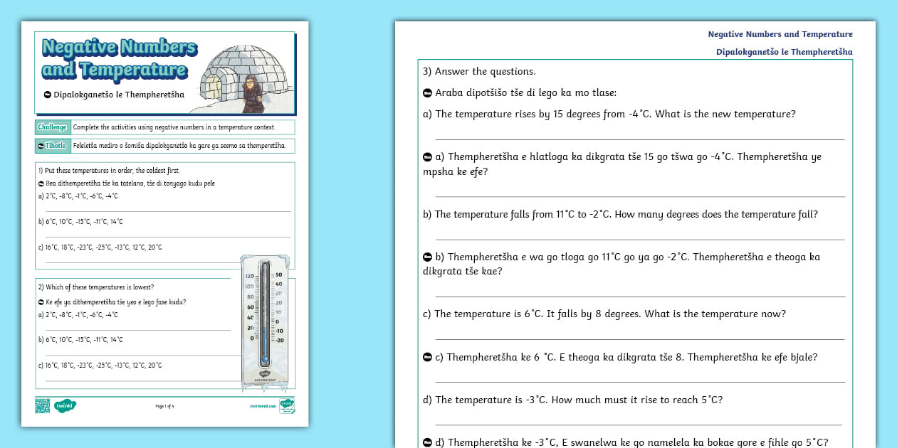 Negative Numbers and Temperature Activity Sheet – Sepedi