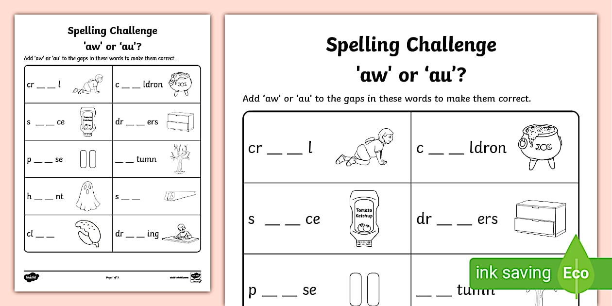 Spelling Challenge 'au' or 'aw' Activity, Spelling Sounds