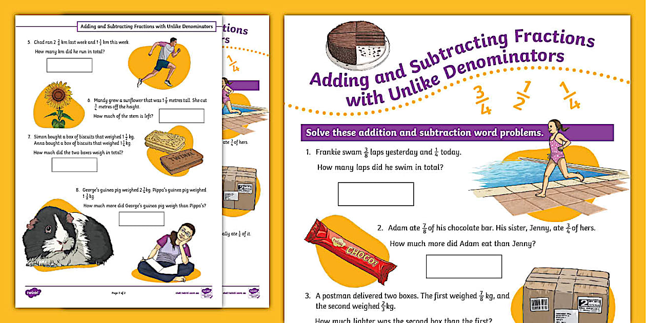 Adding and Subtracting Fractions with Unlike Denominators Worksheet