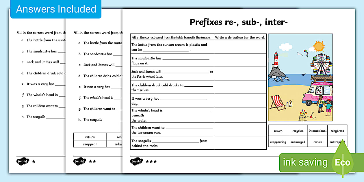 Prefix sub-, re-, -inter Differentiated Worksheet - LKS2