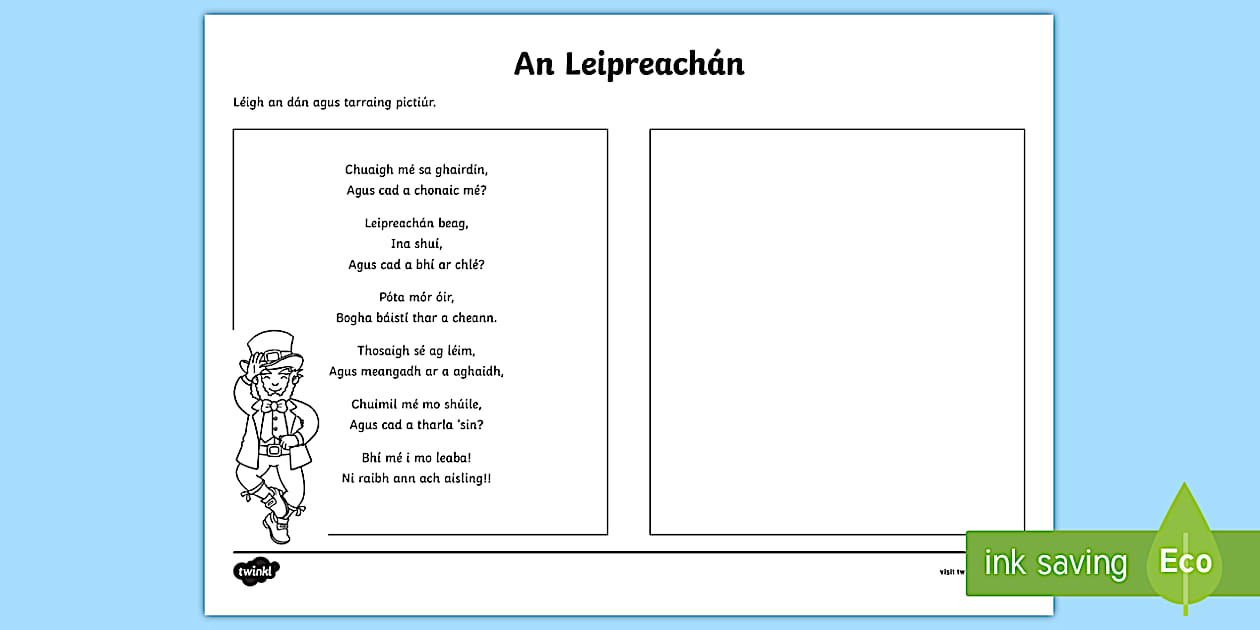 The Leprechaun Poem Read and Draw Worksheet Gaeilge - Twinkl